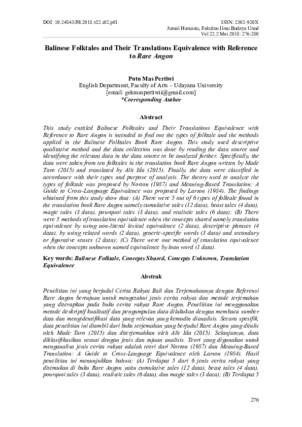 (PDF) Balinese Folktales and Their Translations Equivalence with ...