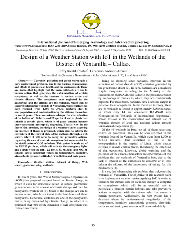 (PDF) Design of a Weather Station with IoT in the Wetlands of the ...