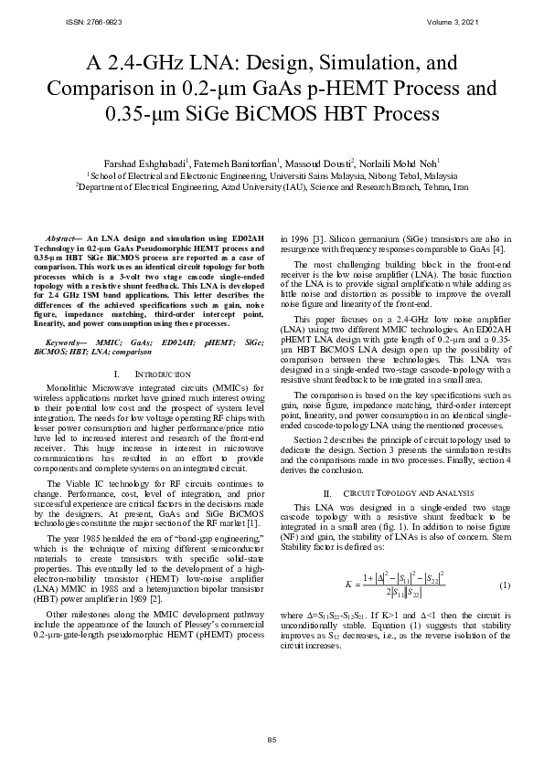 (PDF) A 2.4-GHz LNA: Design, Simulation, and Comparison in 0.2-µm GaAs p-HEMT Process and 0.35 ...