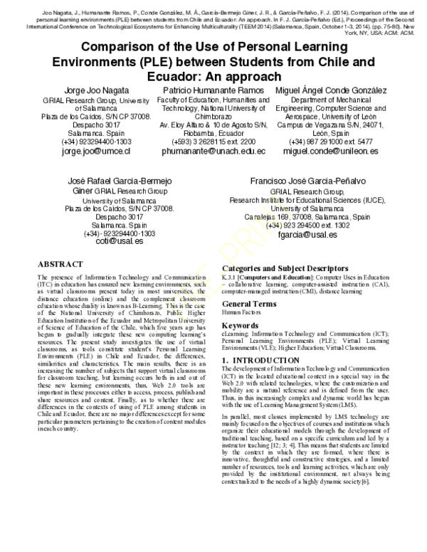 (PDF) Comparison of the use of personal learning environments (PLE) between students from Chile ...