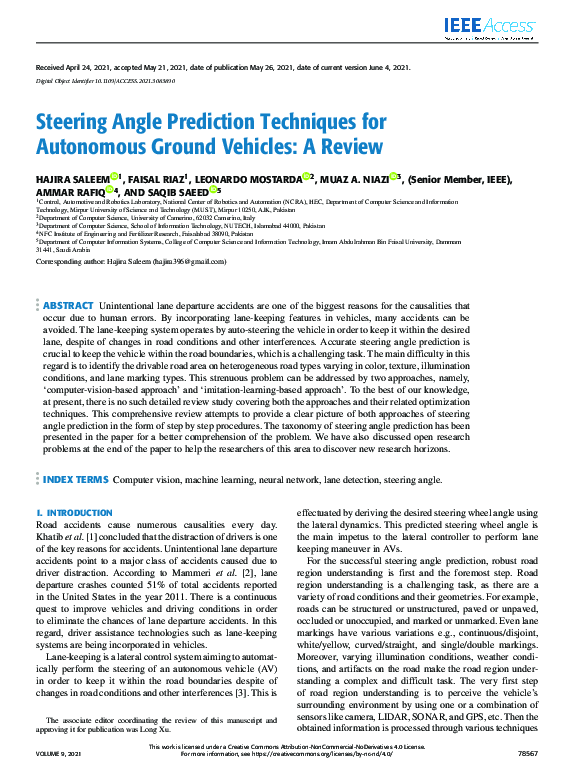 (PDF) Steering Angle Prediction Techniques for Autonomous Ground Vehicles: A Review