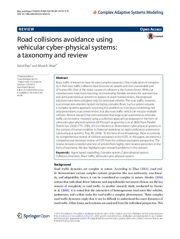 (PDF) Road collisions avoidance using vehicular cyber-physical systems: a taxonomy and review