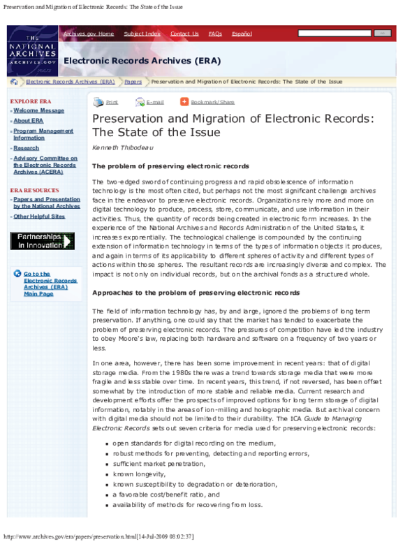 (PDF) Preservation and Migration of Electronic Records: The State of the Issue