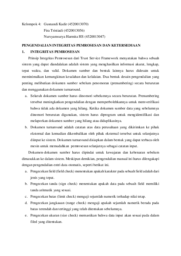 (PDF) RMK 8 PENGENDALIAN INTEGRITAS PEMROSESAN DAN KETERSEDIAAN
