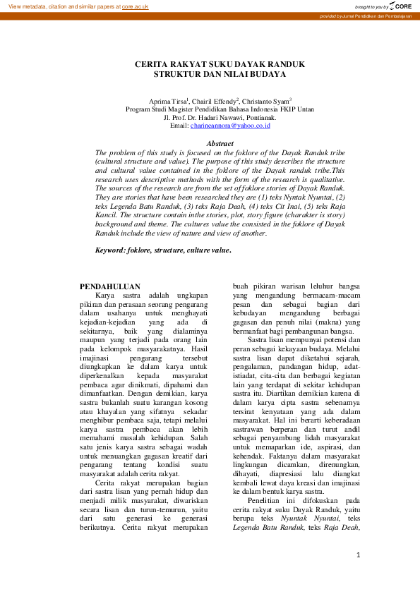(PDF) Cerita Rakyat Suku Dayak Randuk Struktur Dan Nilai Budaya