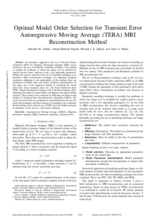 (PDF) Optimal Model Order Selection For Transient Error Autoregressive Moving Average (Tera) Mri ...