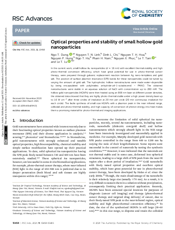(PDF) Optical properties and stability of small hollow gold nanoparticles