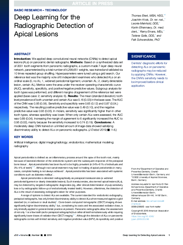 (PDF) Deep Learning for the Radiographic Detection of Apical Lesions