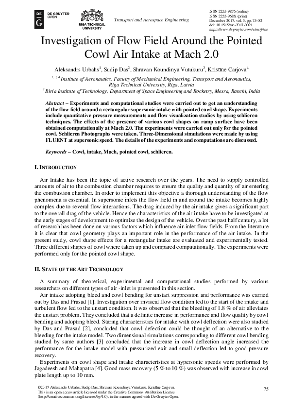 (PDF) Investigation of Flow Field Around the Pointed Cowl Air Intake at Mach 2.0