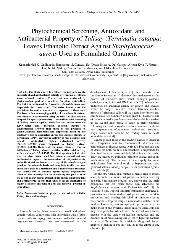 (PDF) Phytochemical Screening, Antioxidant, and Antibacterial Property of Talisay (Terminalia ...