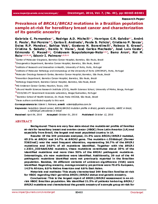 Pdf Prevalence Of Brca1 Brca2 Mutations In A Brazilian Population Sample At Risk For