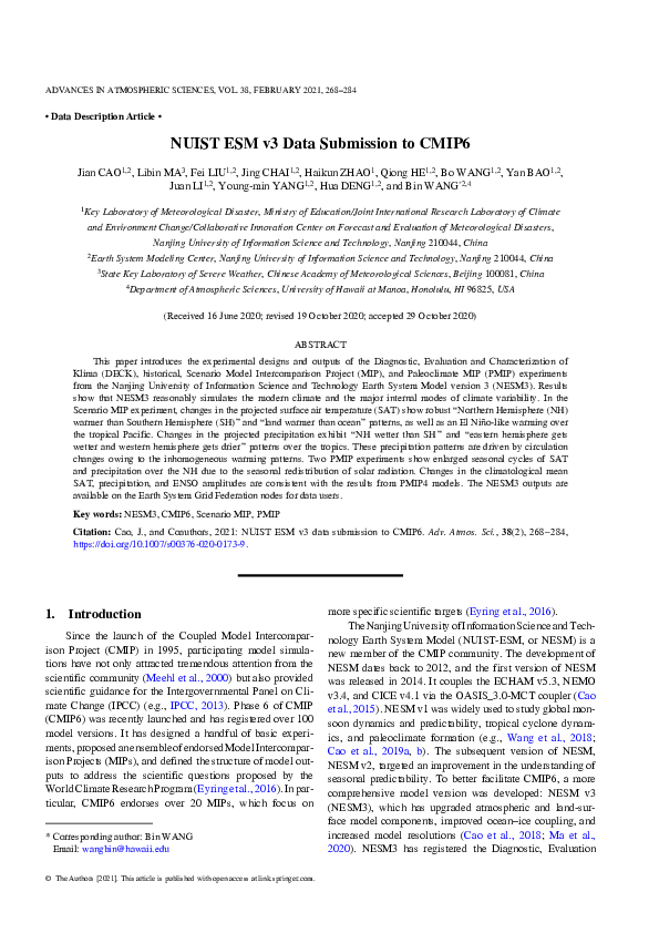 (PDF) NUIST ESM v3 Data Submission to CMIP6