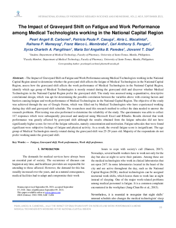 (PDF) The Impact of Graveyard Shift on Fatigue and Work Performance among Medical Technologists ...