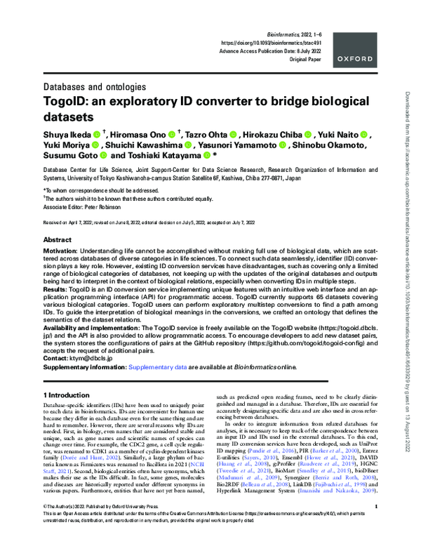 (PDF) TogoID: an exploratory ID converter to bridge biological datasets