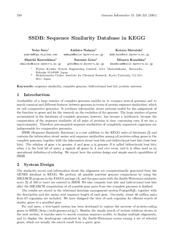 (PDF) SSDB: Sequence Similarity Database in KEGG