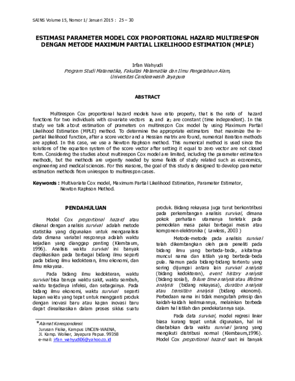 (PDF) Estimasi Parameter Model Cox Proportional Hazard Multirespon Dengan Metode Maximum Partial ...