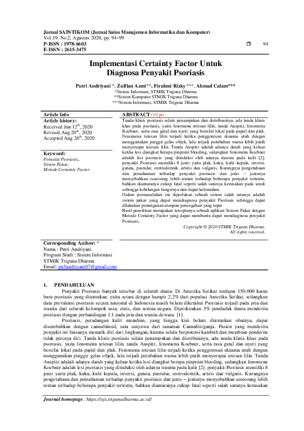 (PDF) Implementasi Certainty Factor Untuk Diagnosa Penyakit Psoriasis