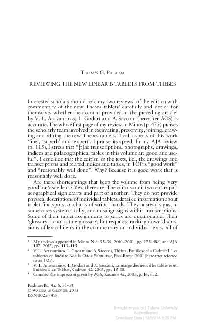 (PDF) Reviewing the New Linear B Tablets From Thebes