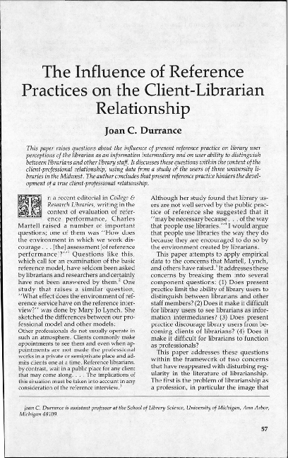 (PDF) The Influence of Reference Practices on the Client-Librarian ...