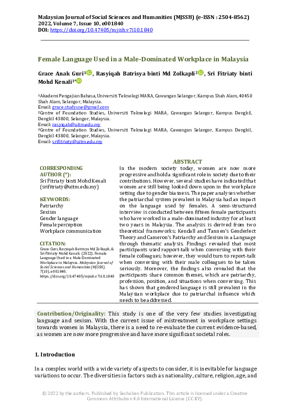 (PDF) Female Language Used in a Male-Dominated Workplace in Malaysia