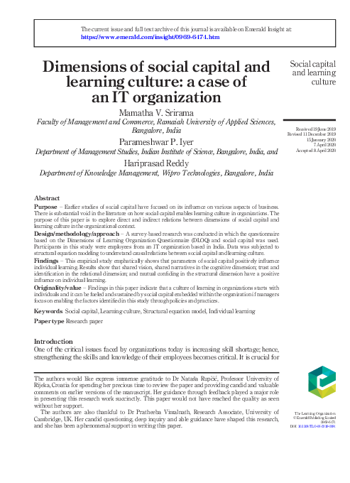 (PDF) Dimensions of social capital and learning culture: a case of an ...