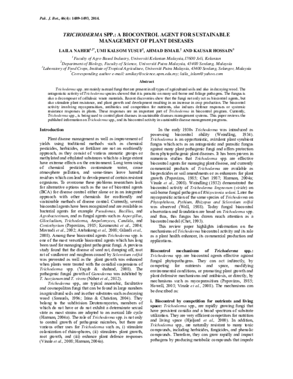 (PDF) Trichoderma spp.: a biocontrol agent for sustainable management of plant diseases
