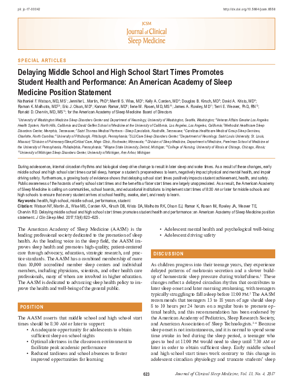 (PDF) Delaying Middle School and High School Start Times Promotes ...
