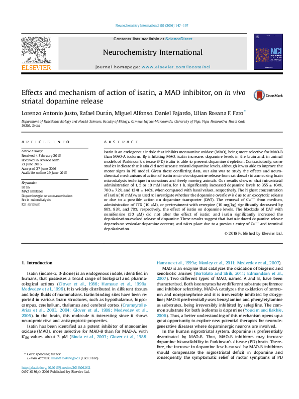 (PDF) Effects and mechanism of action of isatin, a MAO inhibitor, on in vivo striatal dopamine ...