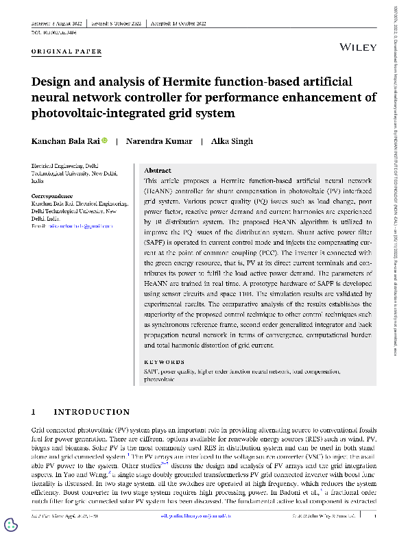 Pdf Design And Analysis Of Hermite Function‐based Artificial Neural Network Controller For