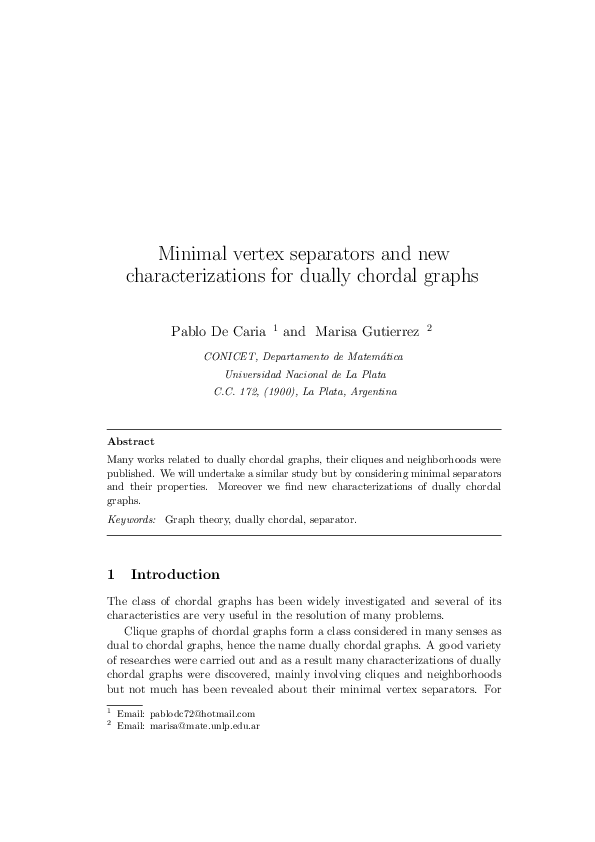 (PDF) Minimal vertex separators and new characterizations for dually ...