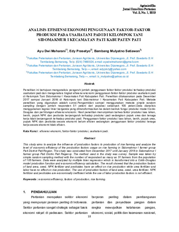 (PDF) Analisis Efisiensi Ekonomi Penggunaan Faktor-Faktor Produksi Pada Usahatani Padi Di ...