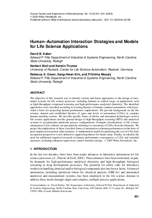 Pdf Human Automation Interaction Strategies And Models For Life Science Applications