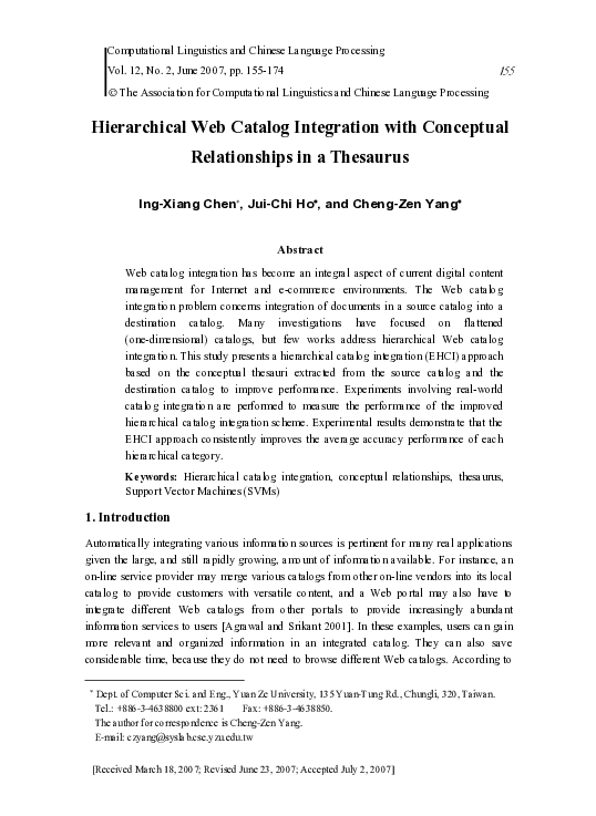 (PDF) Hierarchical Web Catalog Integration with Conceptual Relationships in a Thesaurus