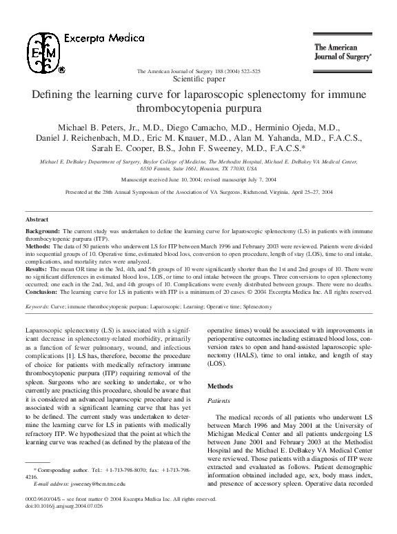 (PDF) Defining the learning curve for laparoscopic splenectomy for ...