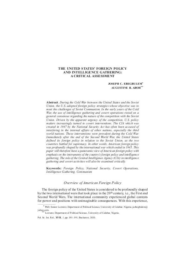 (PDF) THE UNITED STATES' FOREIGN POLICY AND INTELLIGENCE GATHERING: A ...