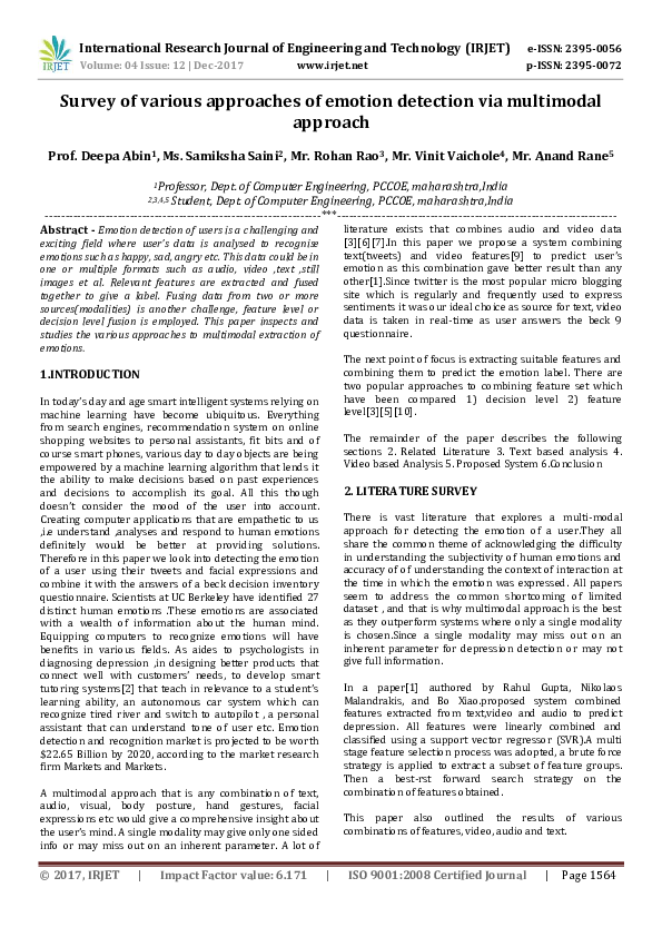 Pdf Survey Of Various Approaches Of Emotion Detection Via Multimodal Approach