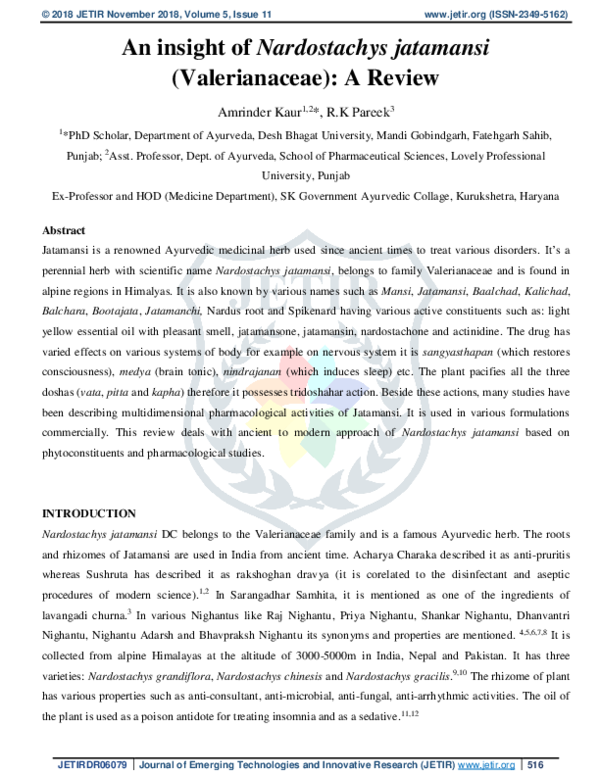 (PDF) An insight of Nardostachys jatamansi (Valerianaceae): A Review