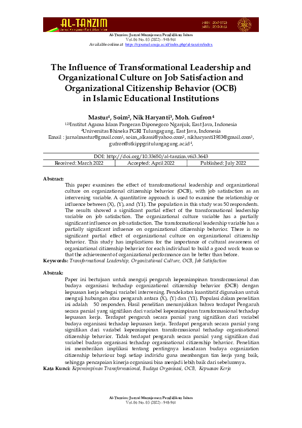 (PDF) The Influence of Transformational Leadership and Organizational Culture on Job ...