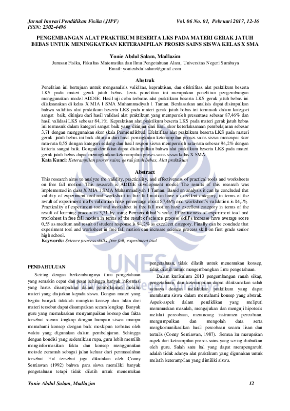 Pdf Pengembangan Alat Praktikum Beserta Lks Pada Materi Gerak Jatuh Bebas Untuk Meningkatkan