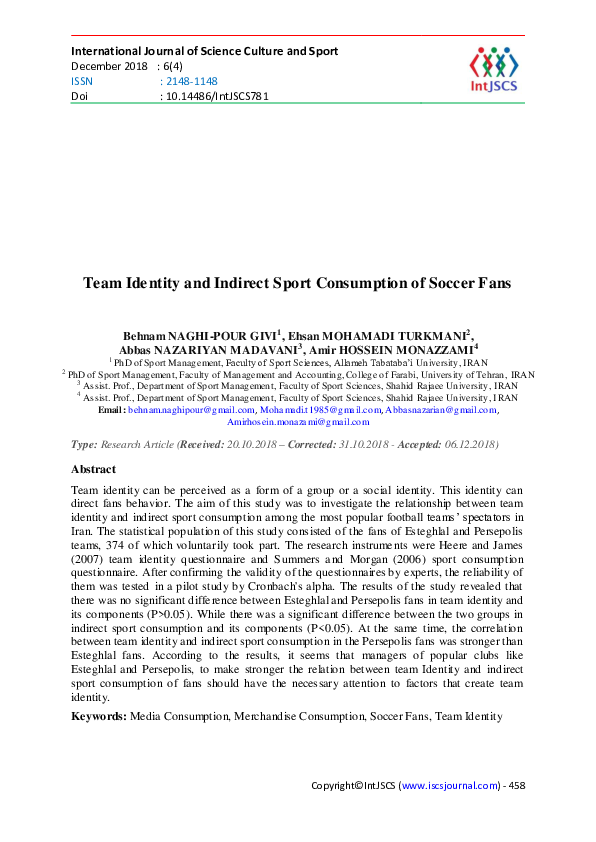 (PDF) Team Identity and Indirect Sport Consumption of Soccer Fans