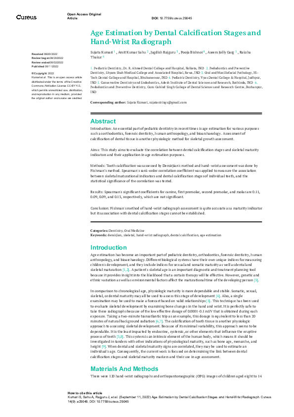 Pdf Age Estimation By Dental Calcification Stages And Hand Wrist Radiograph