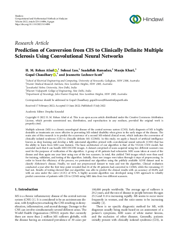 Pdf Prediction Of Conversion From Cis To Clinically Definite Multiple Sclerosis Using