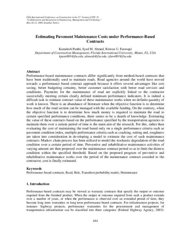 (PDF) Estimating Pavement Maintenance Costs under Performance-Based Contracts