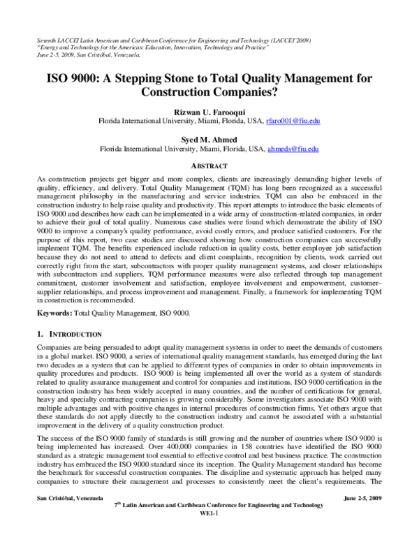 (PDF) ISO 9000: A Stepping Stone to Total Quality Management for ...