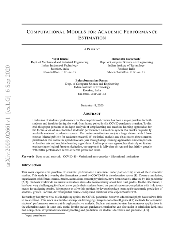 (PDF) Computational Models for Academic Performance Estimation (PDF) Computational Models for Academic Performance Estimation