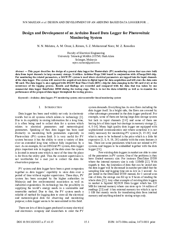 Pdf Design And Development Of An Arduino Based Data Logger For Photovoltaic Monitoring System