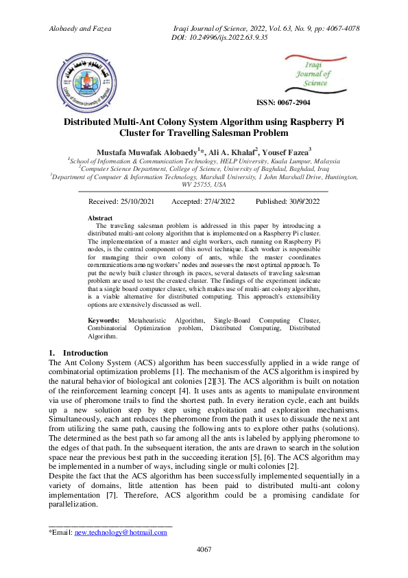 Pdf Distributed Multi Ant Colony System Algorithm Using Raspberry Pi Cluster For Travelling