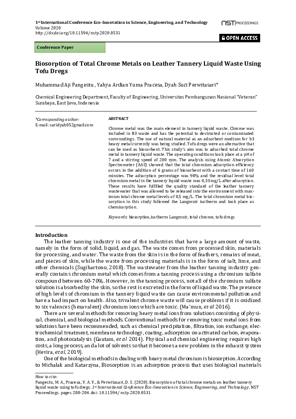 (PDF) Biosorption of Total Chrome Metals on Leather Tannery Liquid ...
