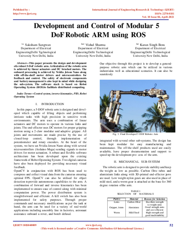 (PDF) Development and Control of Modular 5 DoF Robotic ARM using ROS