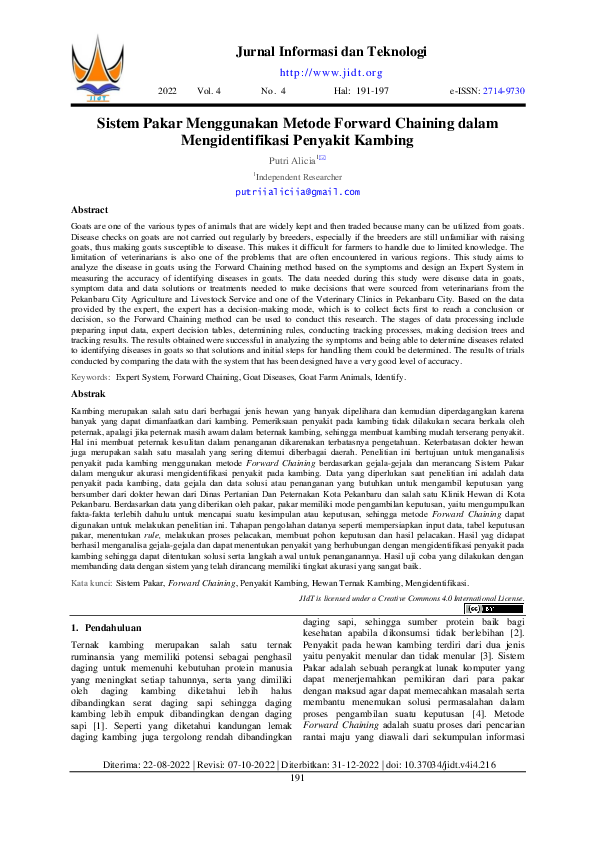 Pdf Sistem Pakar Menggunakan Metode Forward Chaining Dalam